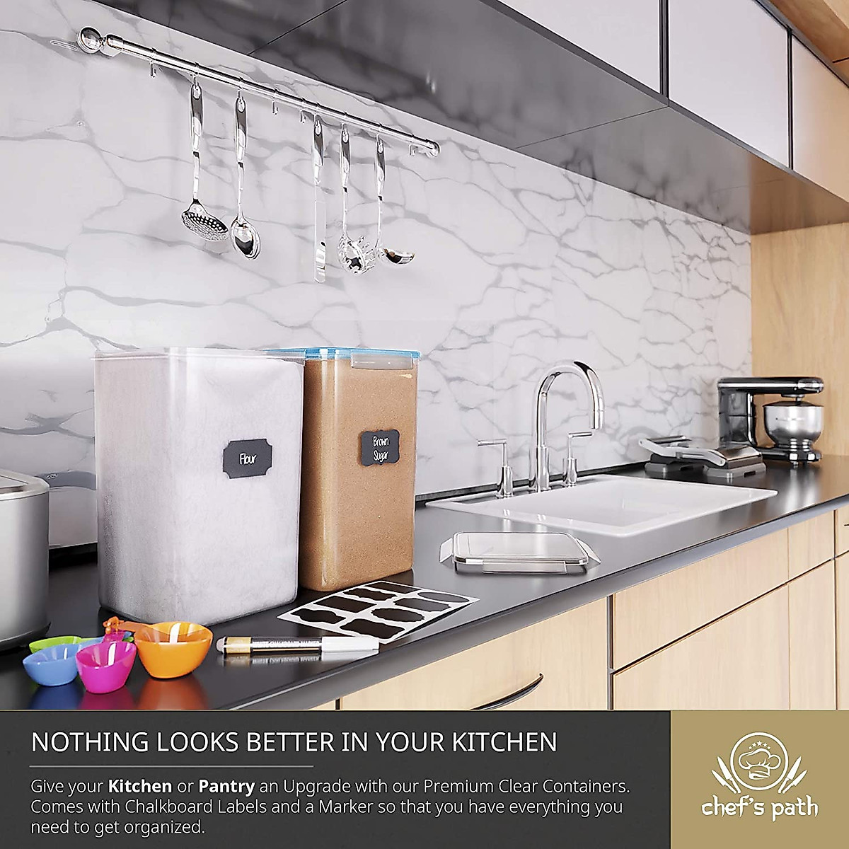 Chef's Path Flour and Sugar Container with Lids (Set of 2, 6.5 Liters Each) - Airtight Kitchen & Pantry Bulk Food Storage - 25 LB Flour and Sugar Containers