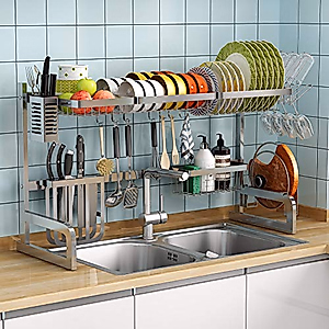 1Easylife Over The Sink Dish Drying Rack Adjustable 2-Tier Large Dish Dryer Rack for Kitchen Organizer Storage Space Saver Shelf Utensils Holder with 7 Utility Hook Tableware Drainer (Silver)