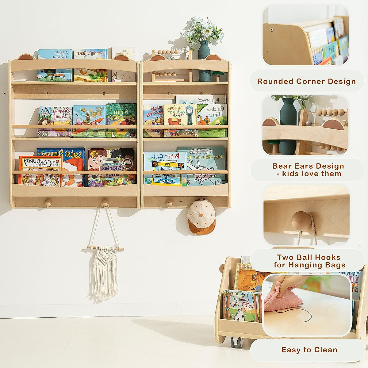 kidi house Wall Bookshelf Wooden Kids Bookshelf 3-Tier Floating Nursery Book Shelves for Kids Room Birch Hanging Toddler Bookshelf Montessori Bookshelf for Baby Room Playroom Living Room (Wide)