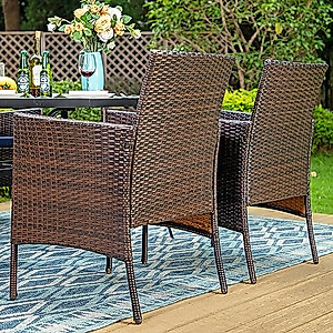 Sophia & William 7 Pieces Patio Dining Set with 13ft Umbrella for Outside, Metal Patio Table and Rattan Chairs Set with Cushion, Beige