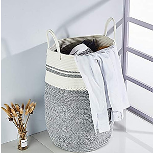 Laundry Basket Woven Cotton Rope Large Clothes Hamper 16" D x 25" H, Tall Basket with Extended Cotton Handles for Storage Clothes Toys in Bedroom, Bathroom, Foldable White and Gray by Gecious
