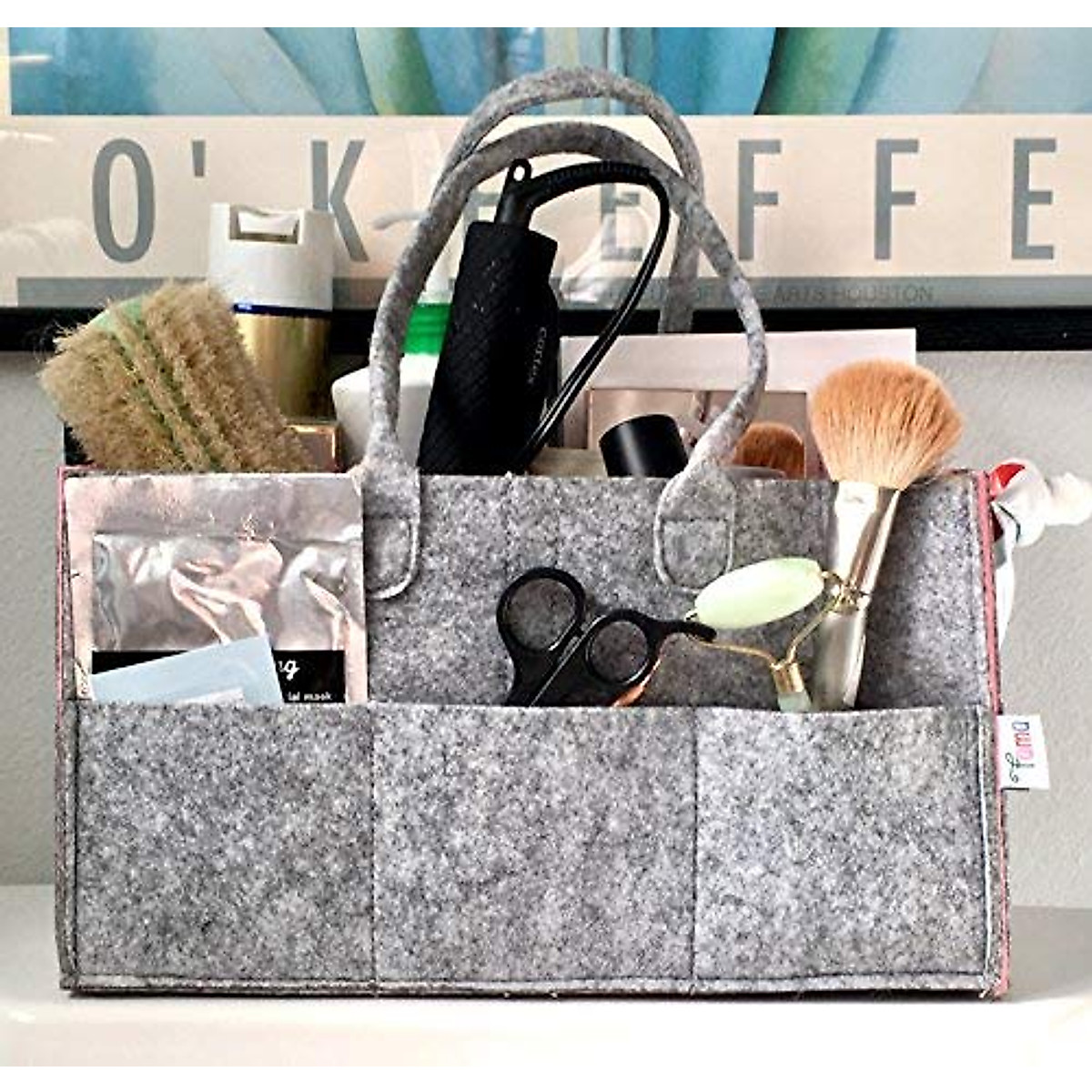 Baby Diaper Caddy | 13X9X7 | Nursery Storage and Car Organizer for Diapers and Wipes | Grey with Pink Removable Dividers