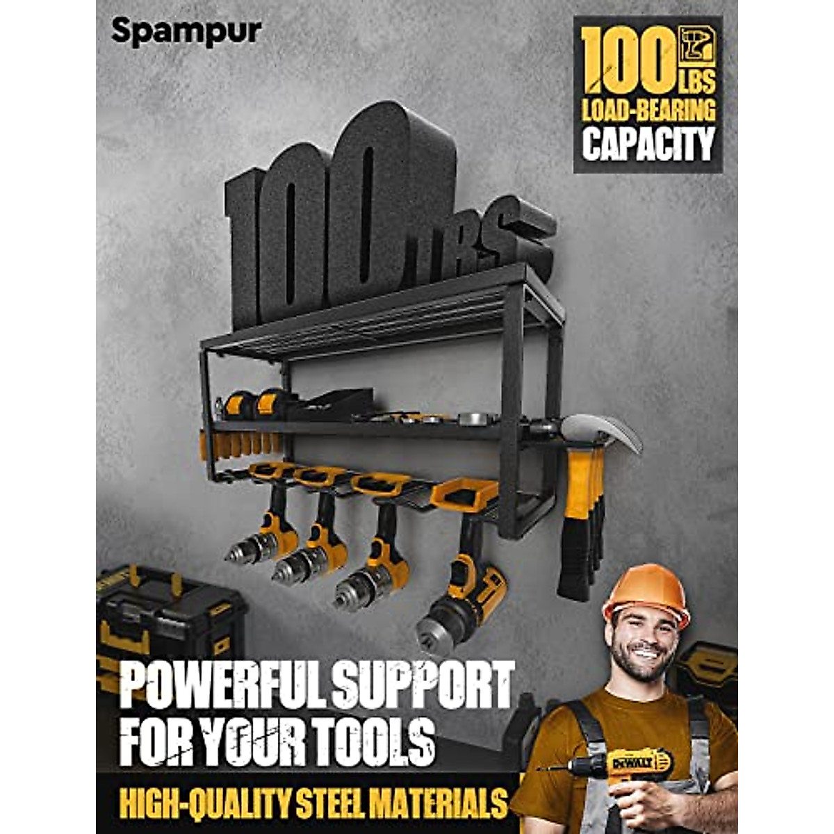 Power Tool Organizer with Charging Station, Drill Holder Wall Mount, Garage Storage Rack for Handheld, Metal Tool Shelf, Utility Rack for Cordless Drill & Power Tools, Gifts for Father's Day