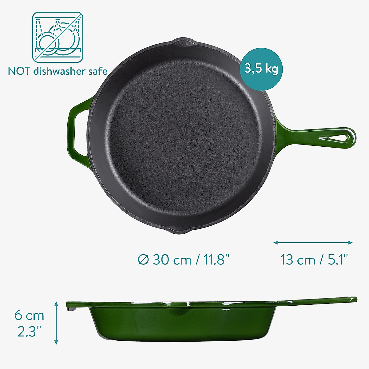 Navaris Enameled Cast Iron Skillet - 12" Frying Pan with Enamel Coated Finish - 12 inch Kitchen Cookware Fry Griddle for Stove Top and Oven - Green