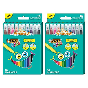 BIC Kids Coloring Markers, Medium Tips, 2 Packs of 10 Markers, Assorted