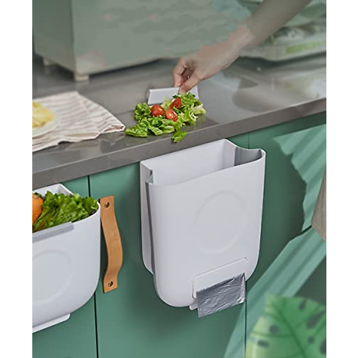 Hanging Kitchen Trash Can,6L Folding Small Waste Bins,White Hang Garbage Can,Mountable Indoor Compost Bin,Collapsible Mini Garbage Bin for Cabinet,Car,Bathroom,Office