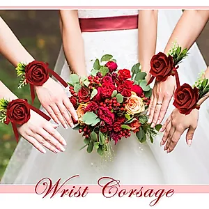 4 Pcs Corsage Wristlet for Wedding Rose Wrist with Ribbon Girl Bridesmaid Wrist Bridal Wrist Flower Corsage Hand Flower Decor for Wedding Ceremony Prom Dinner Anniversary (Burgundy, Wrist Corsage)
