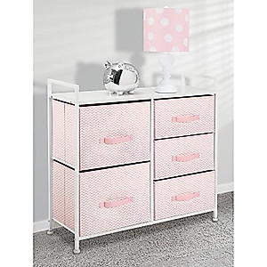 mDesign 30.03" High Steel Frame/Wood Top Storage Dresser Furniture Unit with 5 Removable Fabric Drawers - Tall Bureau Organizer for Bedroom, Living Room, Closet - Spira Collection - Pink/White