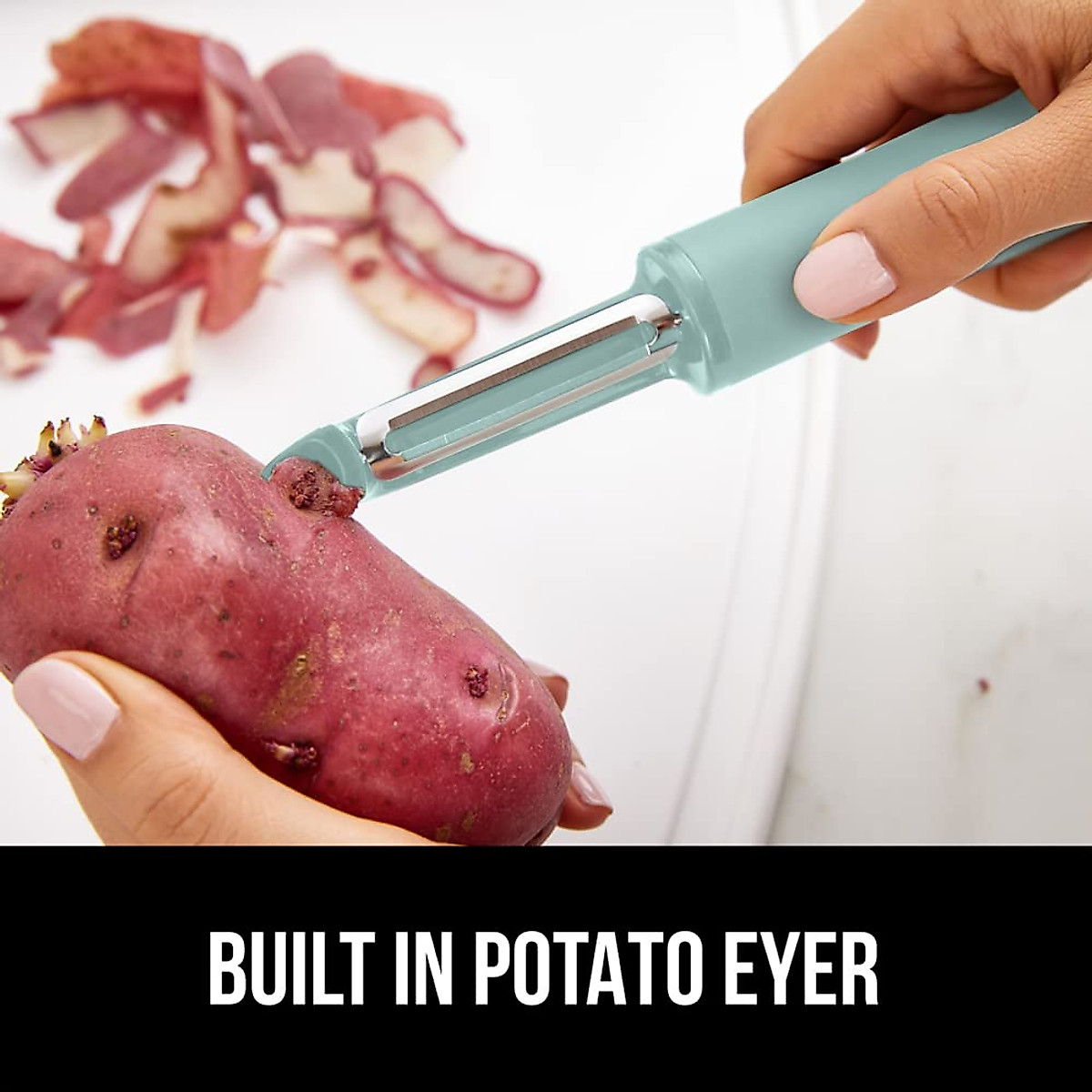 Gorilla Grip Swivel Vegetable Peeler, Sharp Stainless Steel Blades, Comfortable Handle, Dishwasher Safe, Kitchen Food Peelers, Easy Peeling, Peel Vegetables, Apple, Potato, Safe Blade Guard, Mint