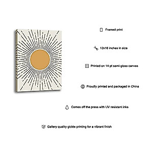 Abstract Bohemian Wall Art Sun Prints - Boho Line Poster Pictures Mid Century Canvas Artwork Framed 12x16 Inches Plant Leaf Minimalist Painting Home Decoration for Bedroom Bathroom Living Room Decor