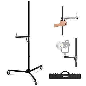 NEEWER 88"/224cm Light Stand Stainless Steel Heavy Duty with Pistol Grip, Sliding Arm, Detachable Caster, Folding Leg, 1/4" 5/8" Spigot, Photography Flash/Ring Light Stand, Max Load 22lb/10kg, ST003