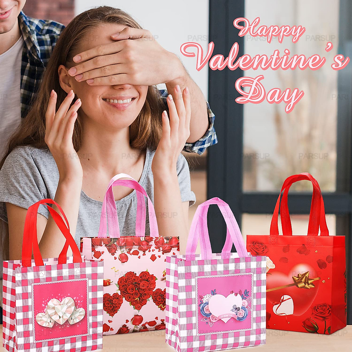8PCS Happy Valentines Day Reusable Gift Bags, Treat Bags with Handles, Valentines Day Party Bags, Multifunctional Non-Woven Valentines Bags for Gifts Wrapping, Valentines Party Supplies, 8.7×9.2×4.3inch