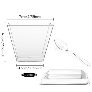 Lainrrew Dessert Cups, 50 Pack 7oz Clear Plastic Dessert Cups with Lids and Spoons Mini Square Tumbler Serving Cups Appetizer Parfait Cups for Party Tasting Mousse Pudding Yogurt