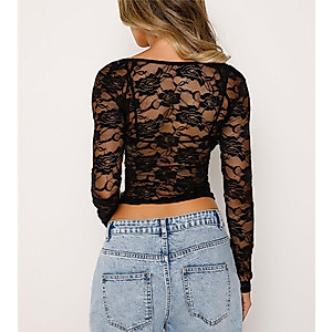 Women Y2K Lace Long Sleeve Top with Bra Sheer Mesh See Through Sexy Going Out Tops Black 2PCS L