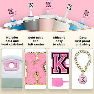 Mity rain 10pcs Set Designed for Stanley Cup Accessories - Including Straw Cover Cap, Letter Charm, Letter Stickers, Tumbler Spill Proof Stoppers for Stanley 40oz/ 30oz Pink Decorations (K)