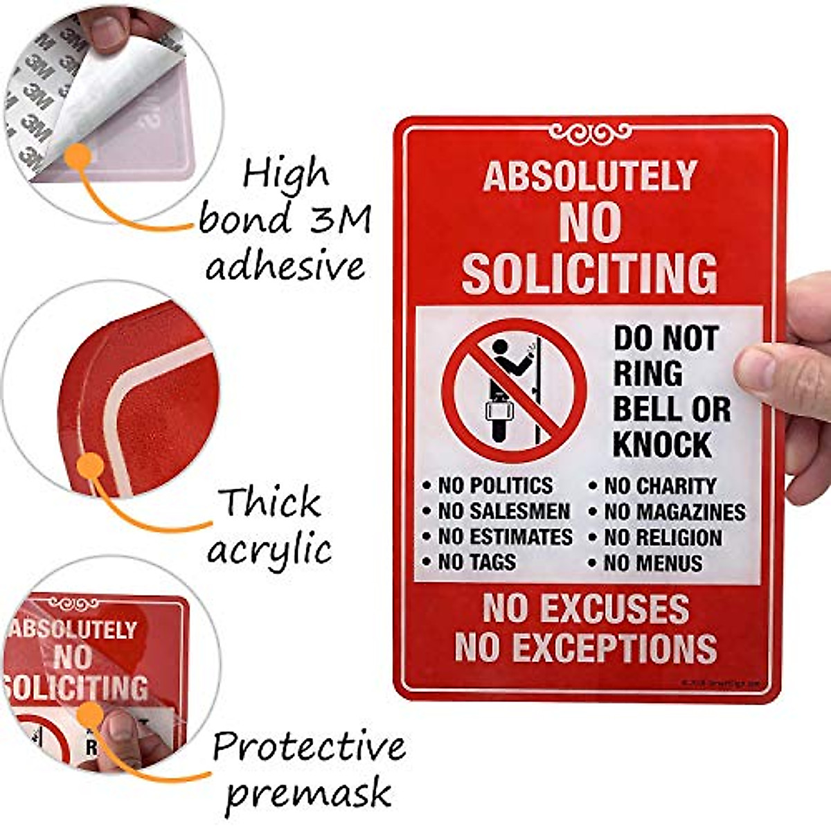 SmartSign “Absolutely No Soliciting, No Excuses, No Exceptions Do Not Ring Bell Or Knock” Sign | 6" x 9" Acrylic for Home/House, Front Door, Business