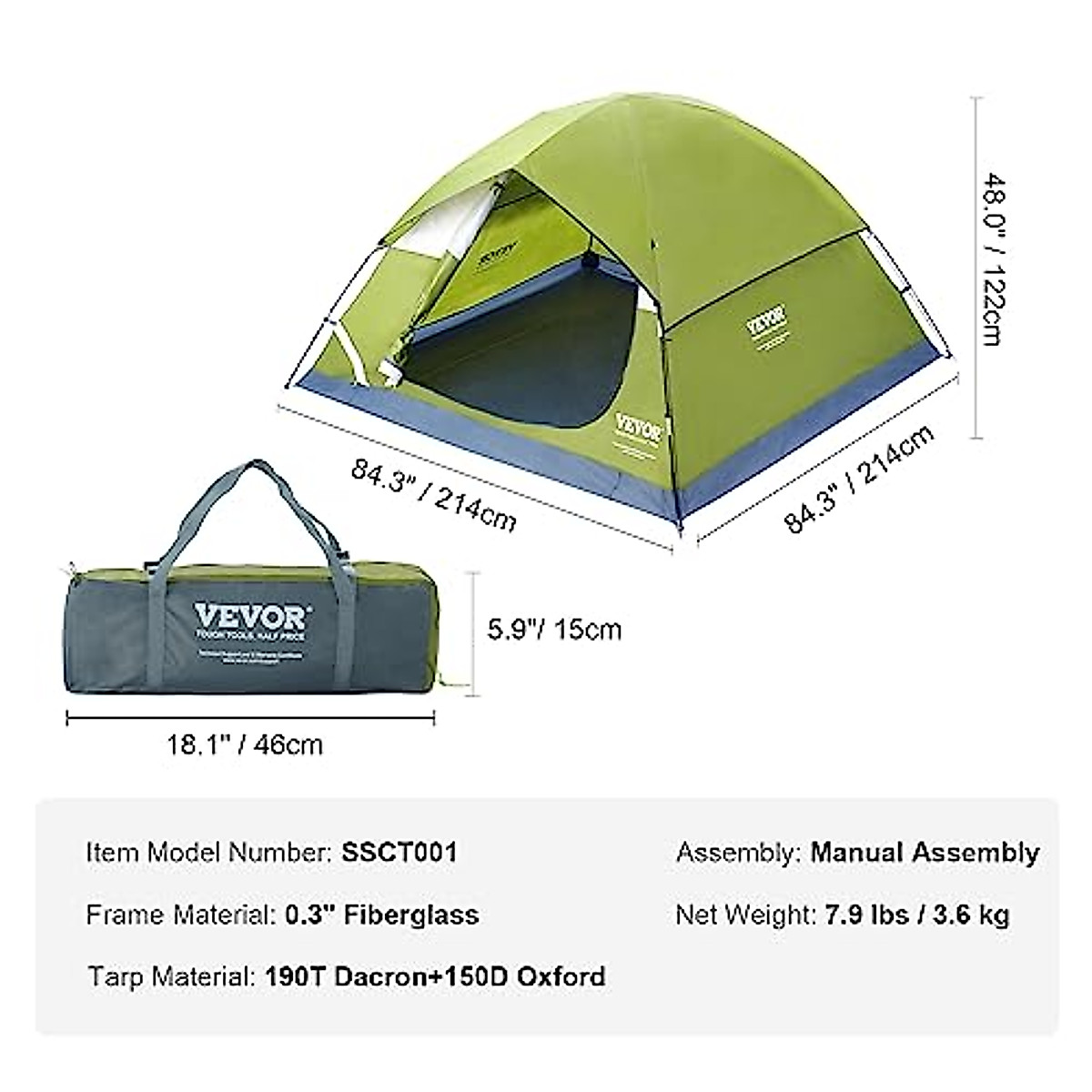 Vevor Camping Tent, 7 x 7 x 4 ft, Waterproof, Lightweight, Backpacking, with Door, for Outdoor Family Camping, Hiking, Hunting, Mountaineering Travel