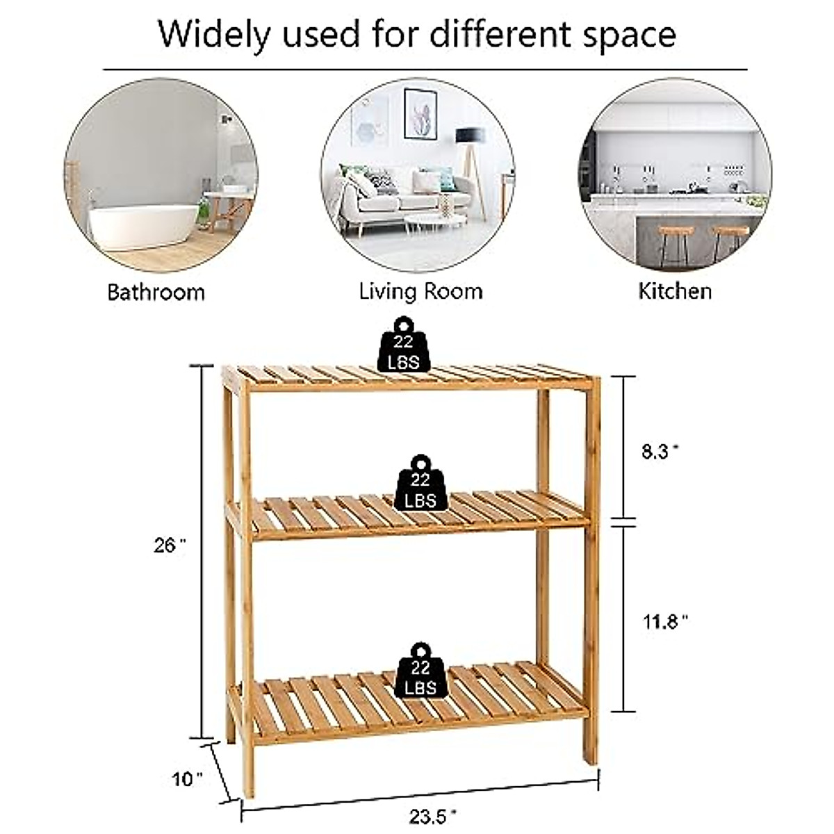 kinbor Bamboo Rack Multifunctional Bathroom Kitchen Living Room Holder Plant Flower Stand Utility Storage Shelf (3-Tier)