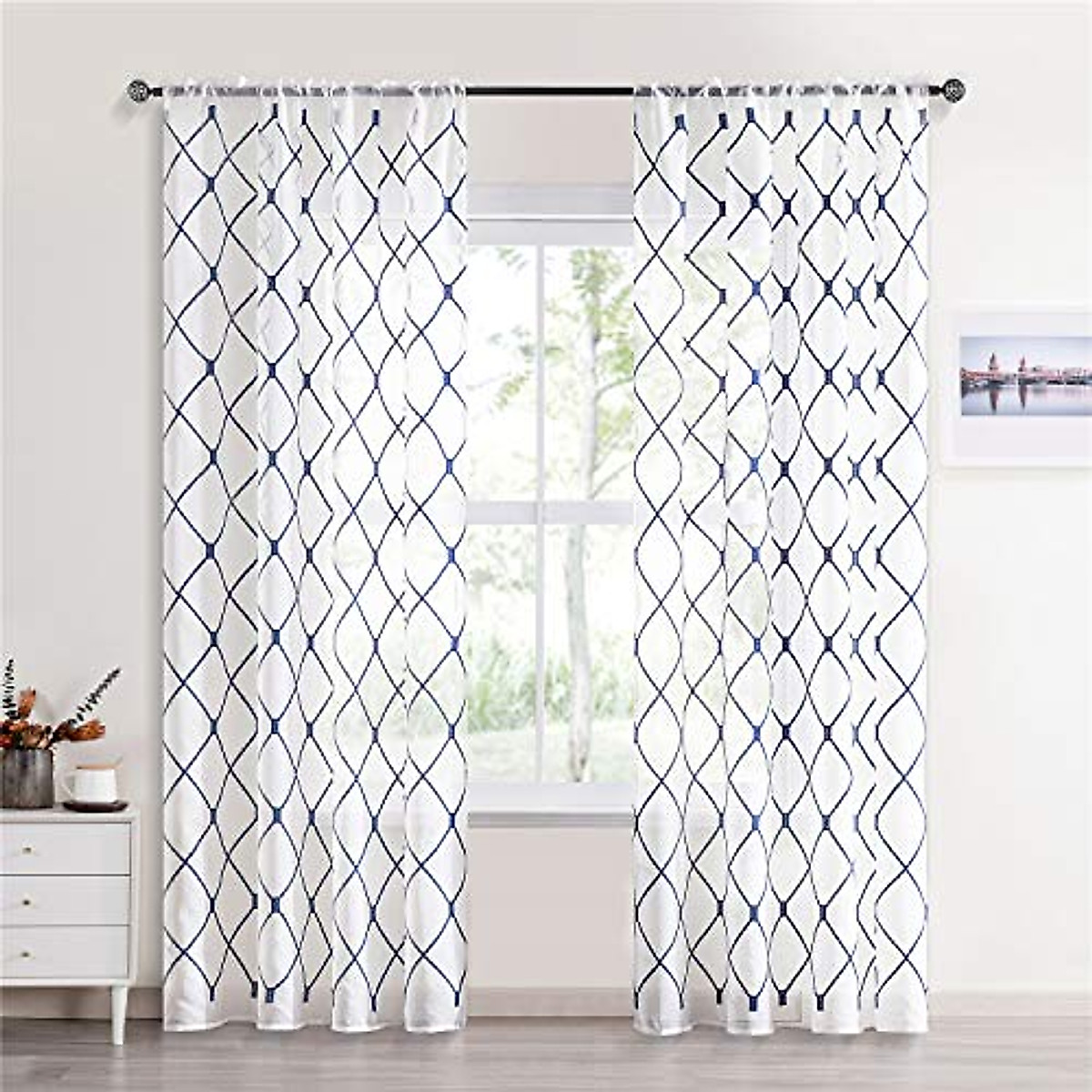 Top Finel White Sheer Curtains 84 Inches Length for Living Room Bedroom Voile Drapes Diamond Embroidered Rod Pocket Window Treatments, 2 Panels