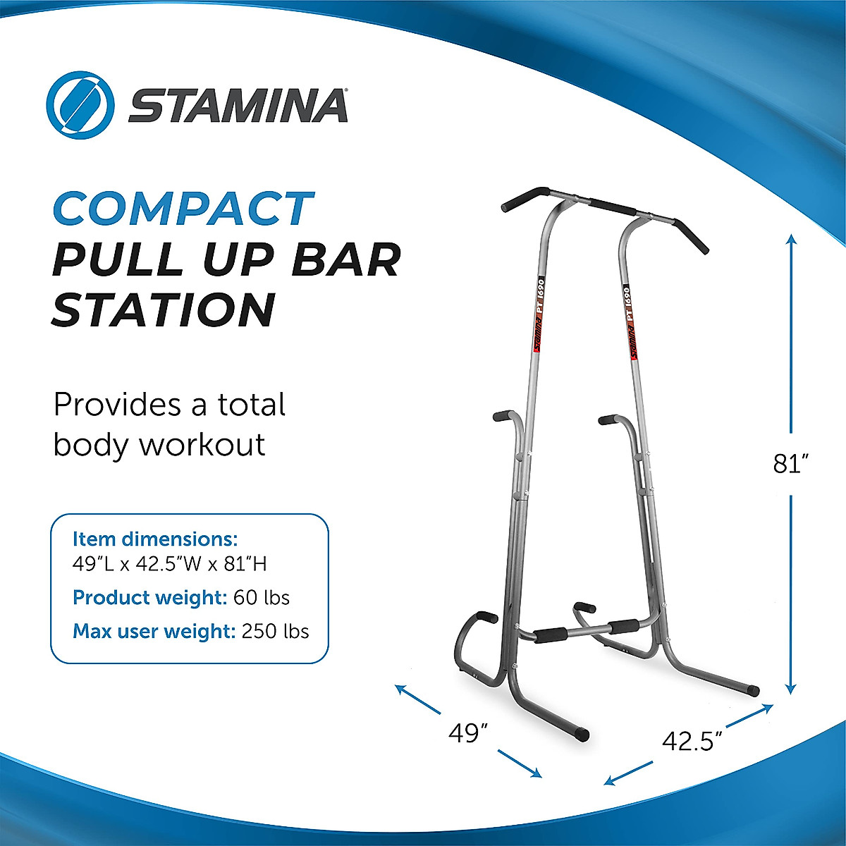 Stamina Power Tower - Dip Bar Pull Up Bar Station with Smart Workout App - Dip Bars for Home Workout - Up to 250 lbs Weight Capacity