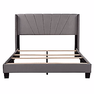 HBRR Queen Size Bed Frame with Velvet Upholstered Headboard, Low Profile Platform Bed with Wood Slats, Fully Upholstered Mattress Foundation, Noise-Free, Easy Assembly, Gray