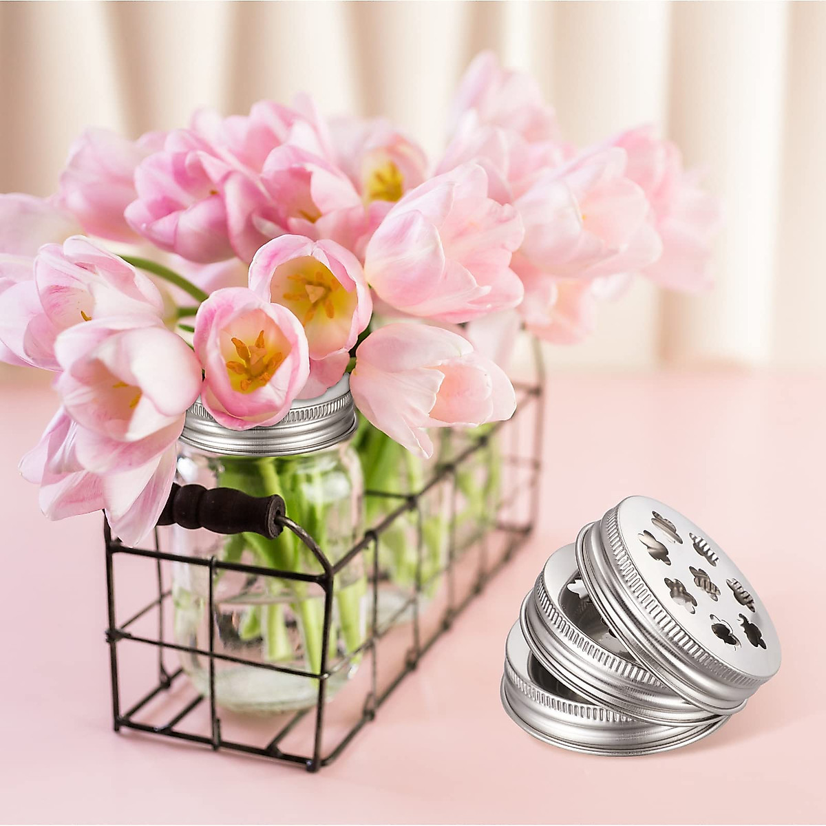 12 Pcs Mason Flower Jar Holder Lid Metal Flower Lid Insert Mason Grid Flower Organizer Lid Insert for Regular Mouth Mason Canning Jars (12 Pcs)