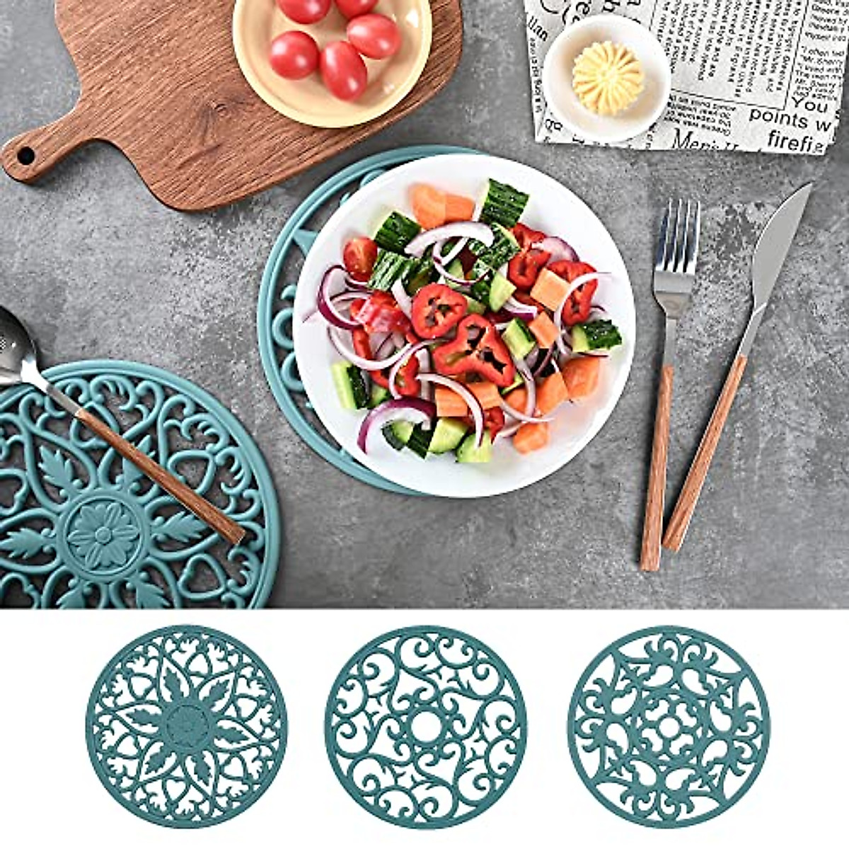 Nstezrne Silicone Trivets Mats for Hot Pots and Pans, Multi Purpose Trivets Mat -Heat Resistant Silicone Trivet Intricately Carved Hot Pads Set of 6 (D: Style 1-Teal)