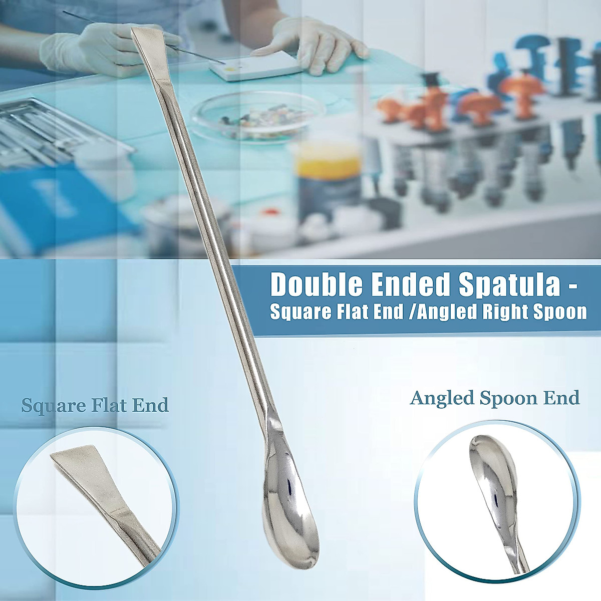 A2Z-SP001 Stainless Steel Double Ended Square & Angled Right Spoon Sampler Lab Spatula, 7" Length