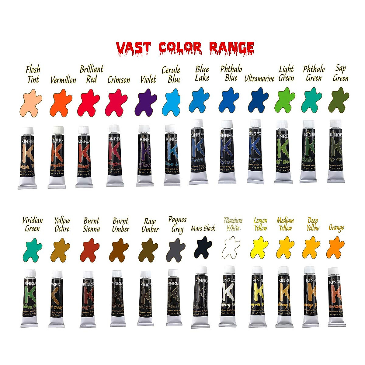 KINREX Acrylic Paint Set - 24 Color Art Set - 12 ml Each - Non Toxic and Vibrant Colors - Best Craft Gift for Adults and Kids