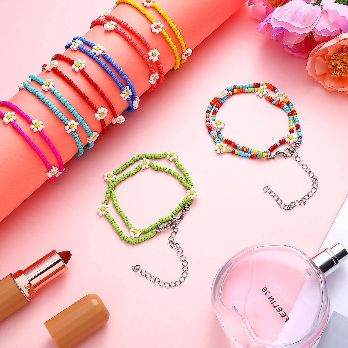 Hicarer 10 Pieces Bohemian Seed Bead Choker Necklaces Colorful Daisy Flower Bead Necklace Glass Beaded Choker Jewelry Gifts Handmade Y2k Necklace for Women Teen
