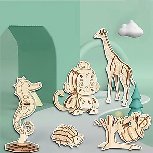LRIGYEH 3D Wooden Animal Puzzles for Kids Wood Building Kits Including Puppy, Liraffe, Monkey, Hedgehog, Seahorse, Elephant, Rooster and Sloth | STEM Toy Gift for Kids and Adults