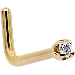 Body Candy Solid 14k Yellow Gold 1.5mm (0.015 cttw) Genuine Diamond L Shaped Nose Stud Ring 18 Gauge 1/4"
