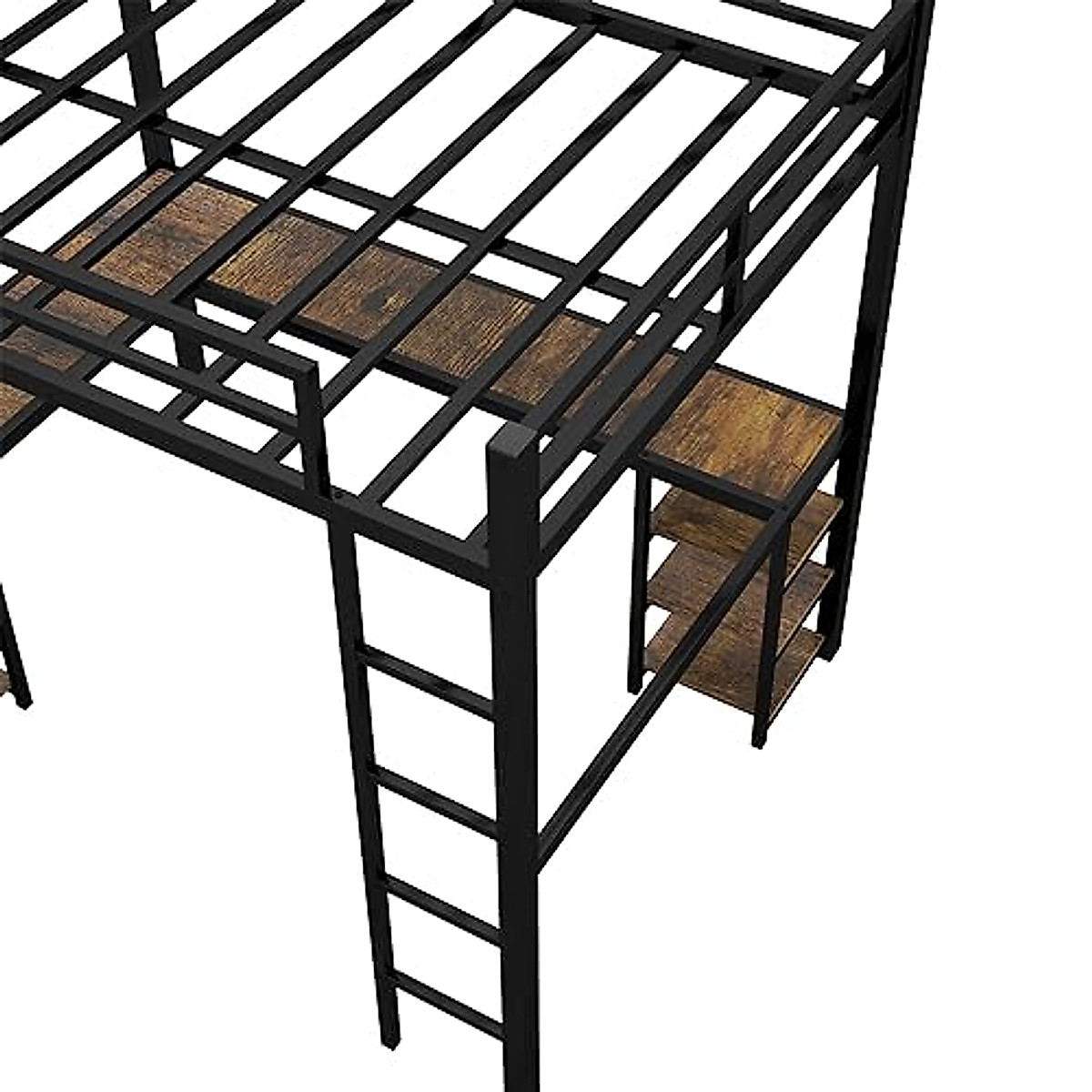 BOVZA Full Metal Loft Bed with Desk and Shelves, Multifunctional Loft Bed with Ladder and Safety Guardrails, Bed Frame for Bedroom, Space Saving, Black