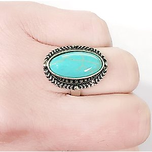 LVSHI 925 Sterling Silver Ring Oval Cut Natural Bohemia Turquoise Jewelry Turquoise Natural Gemstone Bride Wedding Engagement Ring Gifts for Women Size 6-10 (Size 6)