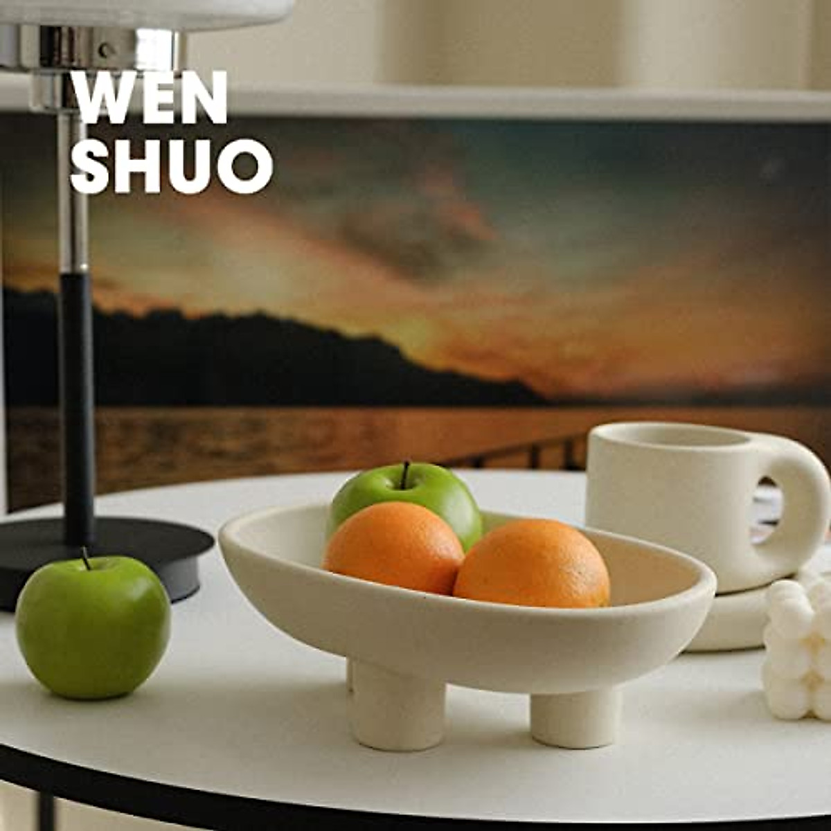 WENSHUO Three-Legs Ceramic Fruit Bowl for Kitchen Counter, Decorative Bowl for Table Décor, 10-inch Oval Large Bowls for Breads, Matte Crème