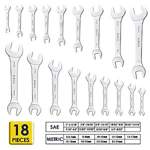 YIYEIE 18pcs Super-Thin Open End Wrench Set, Metric & SAE, 5.5mm to 27mm, 1/4" to 1-1/16", CR-V Steel with Mirror Finish, Ultra-Slim Wrench Set with Rolling Pouch