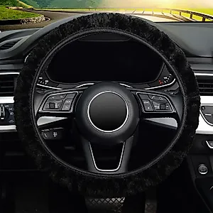 KAFEEK Elastic Long Microfiber Plush Steering Wheel Cover for Winter Warm, Universal 15 inch, Anti-Slip, Odorless, Black
