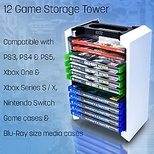Game Storage Tower – Universal Video Game Storage – Stores 12 Game or Blu-Ray Disks – Game Holder Rack for PS4, PS5, Xbox One, Xbox Series X/S, Nintendo Switch Games and Blu-Ray Discs