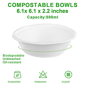 Go-Green 100% Compostable Disposable Bowls,Heavy Duty Paper Soup Bowl,Made of Sugarcane Fibers(17oz-500ml),50 pack