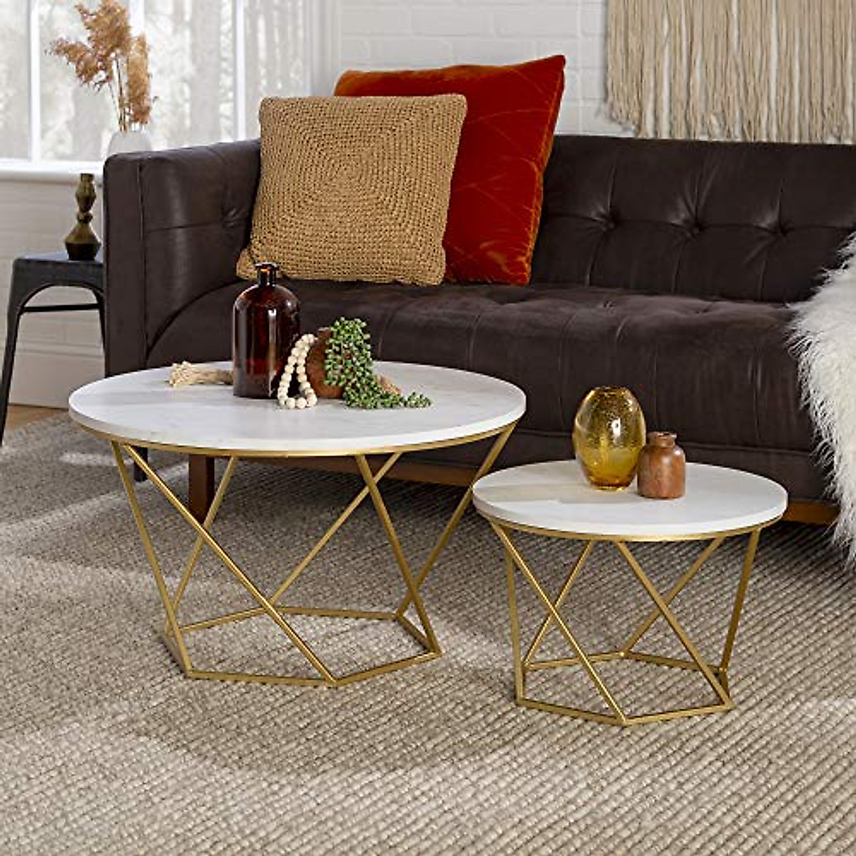 Walker Edison Modern Round Nesting Coffee Table Living Room Accent Ottoman Storage Shelf, Set Of 2, Marble and Gold