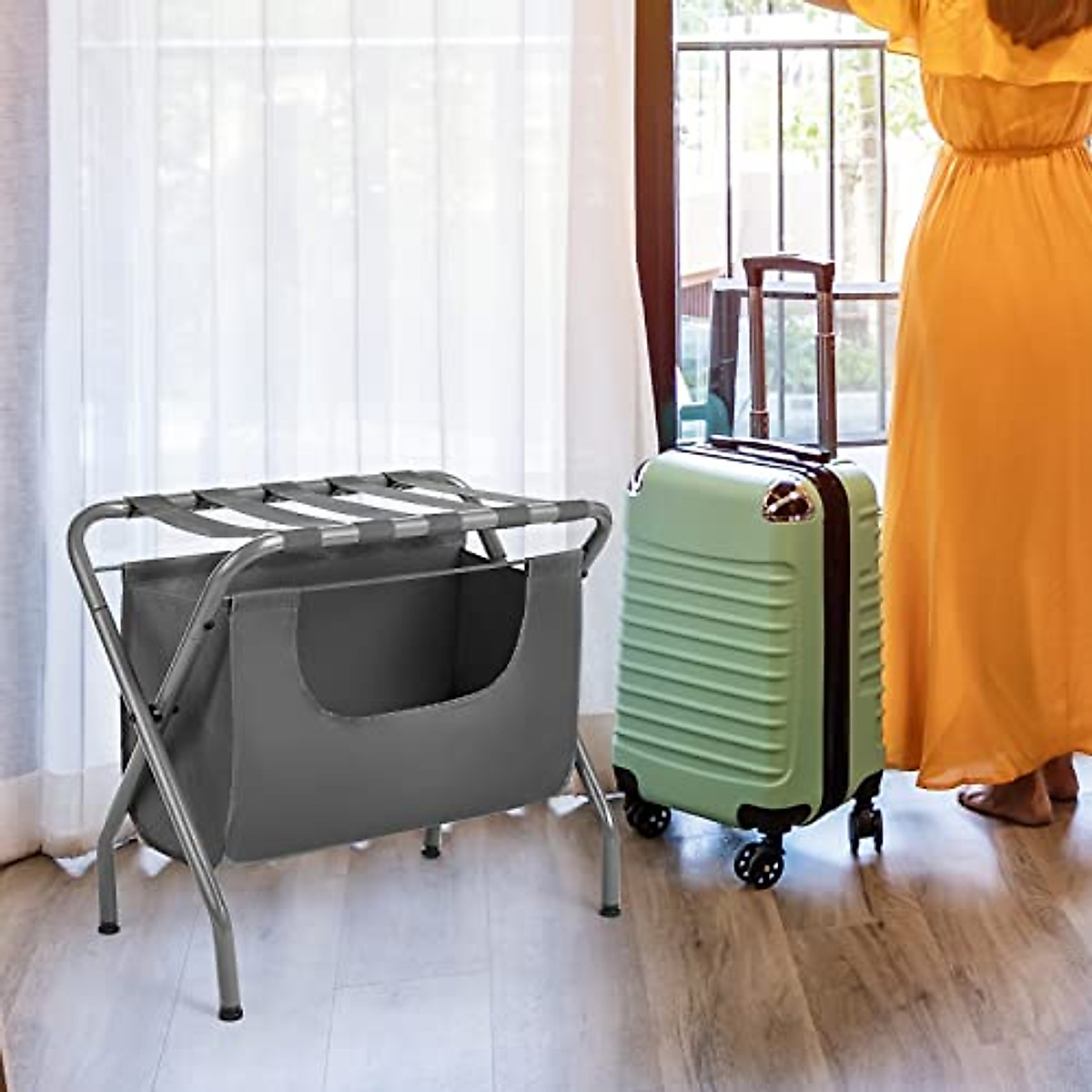 ELYKEN 2 Pack Luggage Rack with Laundry Bag, Guest Room Folding Space Saving Suitcase Holder, Max 110LBS Baggage Shelf with Heavy Duty Nylon Belts, Dirty Clothes Storage for Bedroom Hotel