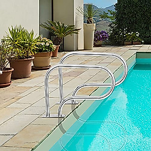 VINGLI 2PCS Swimming Dual Pool Hand Rail, Stainless Steel 3-Bend Pool Stair for Inground Pool with Quick Mount Brace Plate 32x22.5''