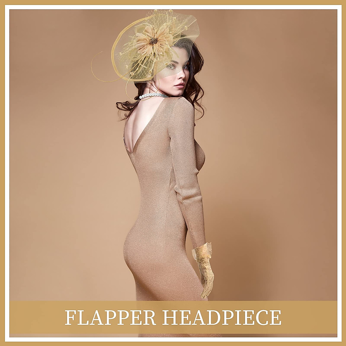 3 Pieces Fascinators Hats for Women Tea Party Hat Feathers Veil Mesh Hat Lace Gloves Pearl Choker Necklace Set for Wedding (Gold)