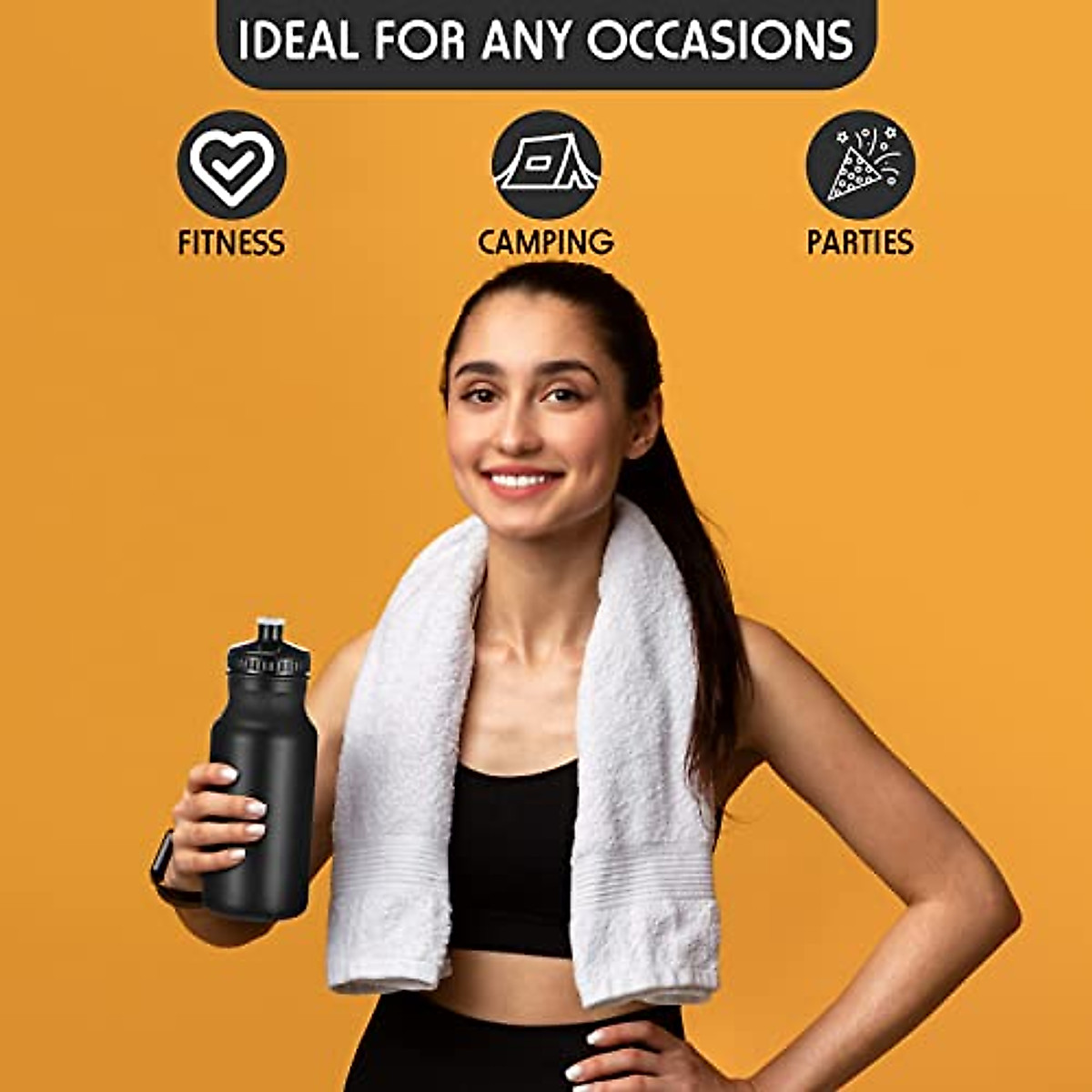 48 Pieces Squeeze Sports Water Bottles 20 oz Reusable Sport Bottle No BPA Plastic with Easy Open Leakproof Push/Pull Spout for Bike, Blank DIY, Black(Black Lid)