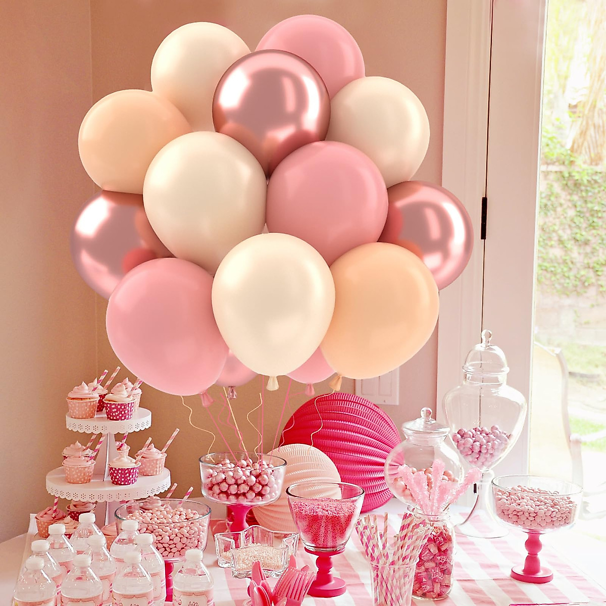 Patimate Retro Blush Pink Balloons Set, 50 pcs 12 inch Metallic Rose Gold Dusty Pink Pastel Orange Nude Latex Balloons Kit for Birthday Bridal Shower Bachelorette Boho Baby Shower Party Decorations