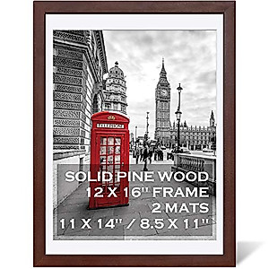 12x16 Picture Frames Dark Cherry Made of Solid Wood Display Pictures 11X14 Inch or 8.5x11 with Mat or 12x16 Inch without Mat for Wall Mounting and TableTop - Picture Frame 11X14 with 2 Mats - 1 Pack