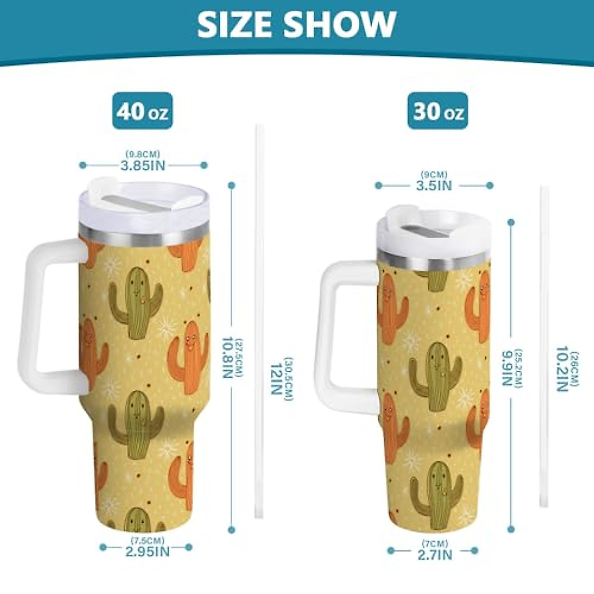 ODAWA Large Travel Insulated Tumblers with Handle and Straw, Mexican Cactus Double Wall Insulated Tumbler