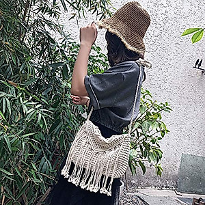 DIGOGO Womens Cotton Crochet Fringe Crossbody Shoulder Bag Bohemian Summer Beach Purse Handwoven Straw Bag
