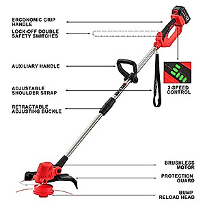 Brushless Weed Wacker, 21V String Trimmer Electric Weed Eater Brush Cutter, 3-in-1 Lightweight Cordless Grass Trimmer Edger Lawn Tool for Yard Trimming and Edging with 6.0Ah Battery Powered