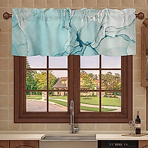 Valances for Windows, Marble Texture Abstract Teal Blue and White Gold Glitter Splatter Kitchen Curtains, Bathroom Curtains Window 54"x18" Rods Pocket Short Curtains, Kitchen Small Window Curtains